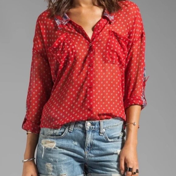 Free People | Tops | Free People Easy Rider Red Paisley Button Down ...